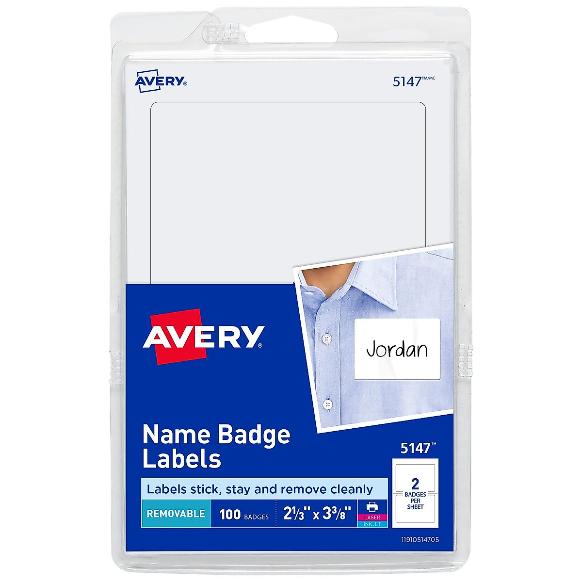 Avery Customizable Name Tags, 2-1/3" x 3-3/8", White, 100 Removable Name Badges (05147)