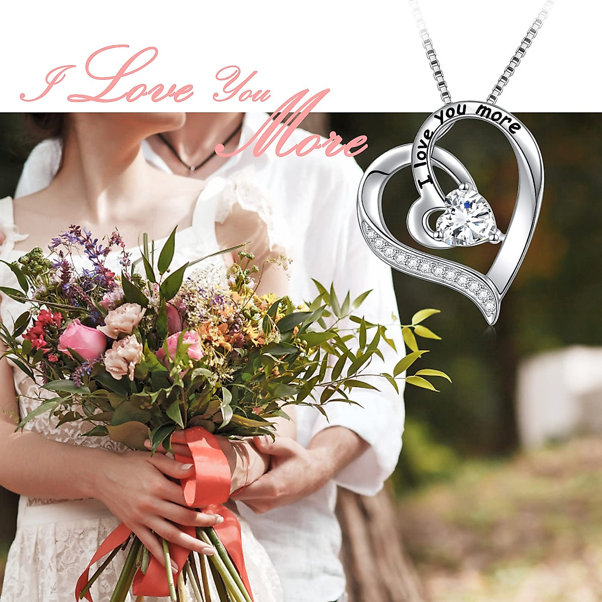 FLYOW I Love You More Heart Necklace for Women Sterling Silver CZ Pendant 18 Inch, Best Valentine's Day Jewelry Gifts (I Love You More)
