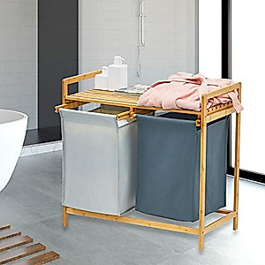 WORTHYEAH Bamboo Laundry Hamper and Shelf, Dual Compartments Laundry Basket with Removable Bag, 2 Sections Laundry Organizer and Storage, Wooden Bamboo Laundry Sorter