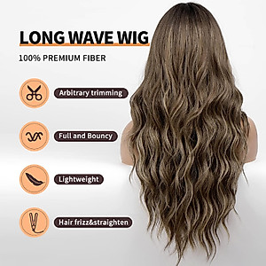 KOME Ombre Brown Wigs with Bangs,Brown Highlight Long Wavy Wig for Women,Long Curly Wigs Synthetic Hair Wig for Party Cosplay Daily Use 24IN