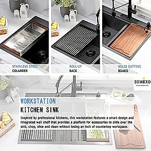SOMRXO 28 Black Stainless Steel Kitchen Sink Double Bowl 28x22 Drop In Kitchen Sink Workstation Ledge 16 Gauge Gunmetal Black Kitchen Sink Topmount 10" Deep 40/60 Low-Divide Double Bowl Kitchen Sinks