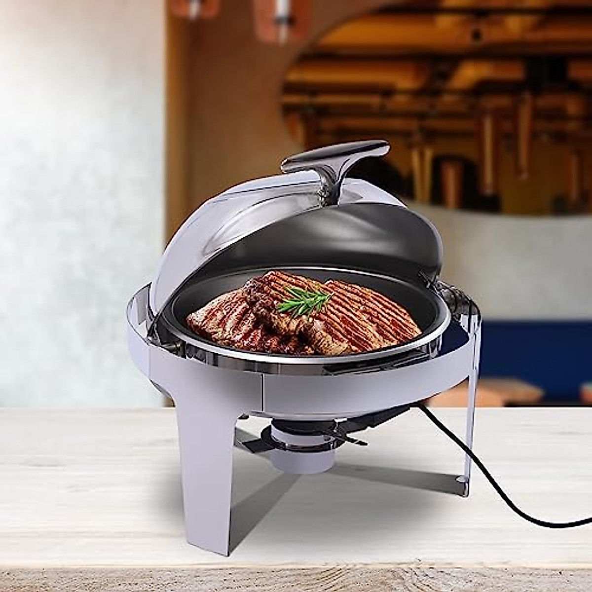 Chafing Dish Buffet Warmer, Stainless Steel 6L Roll top Chafing Dish Round Food Warming Tray Electric & Alcohol Heating, Chafing Dish Buffet Set for Parties, Dinners and Catering