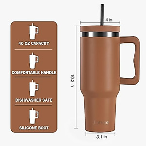 Jahao 40 oz Tumbler with Handle and Straw Lid, Stainless Steel Tumblers with Straw, Insulated Cup Water Bottle Travel Mug Coffee Cup, Spill Proof Leak Proof Tumbler 40 Ounce for Hot Iced Cold - Camel