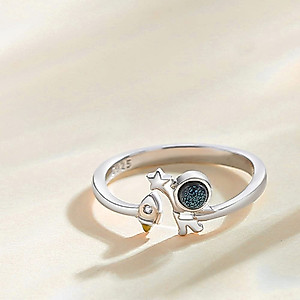 Cartoon Astronaut Matching Couple Rings for Him and Her Cute CZ Star Starry Sky Engagement Rings Anniversary Wedding Rings Set Open Promise Statement Bands Adjustable Dainty Jewelry Gifts with Box