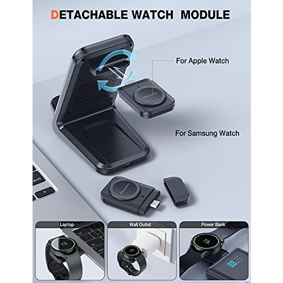 LK Wireless Charger for Samsung 3 in 1 Wireless Charging Station for Galaxy S23 Ultra Plus S22 S21 Z Flip 5 Fold Galaxy Buds Live Detachable Charger for Galaxy Watch 5 Pro 4 iWatch