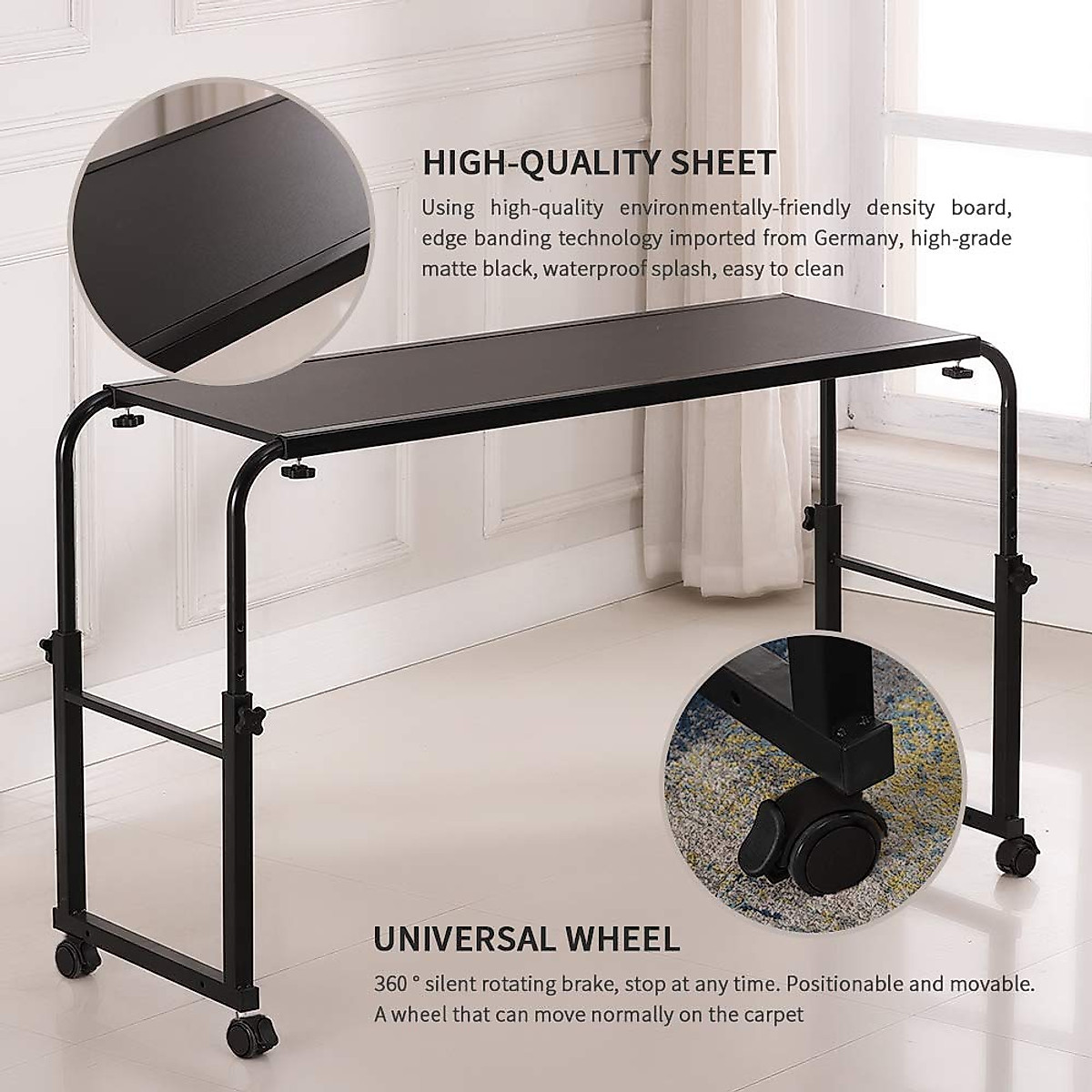 NOVII Overbed Table Standing Workstation with Wheels overbed Desk Height and Width Adjustable Writing Desk for Home Office (Black)