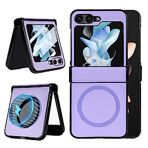 MSOTES for Galaxy Z Flip 5 Case with Hinge Protection, Built-in Screen Protector, Compatible with MagSafe, Luxury Leather Case Full Protection Slim Lightweight for Samsung Galaxy Z Flip5 5G (Purple)