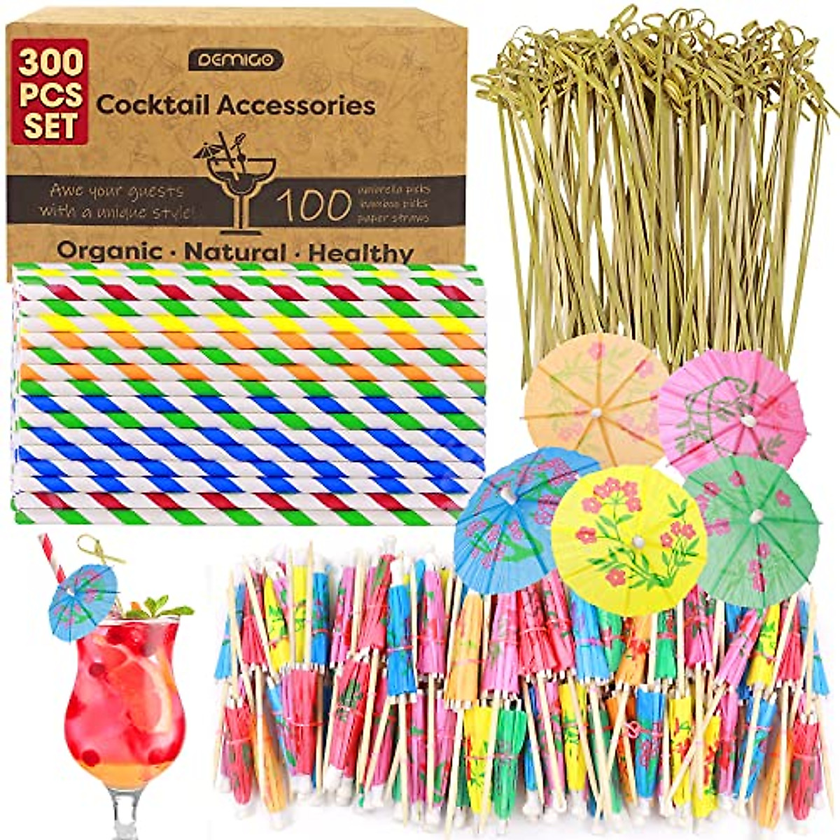 Cocktail Drink Accessories 300pcs – 100 Drink Umbrellas, 100 Bamboo Knotted Picks, 100 Paper Straws by DEMIGO, Great for Drinks & Appetizers, Hawaiian and Pool Parties