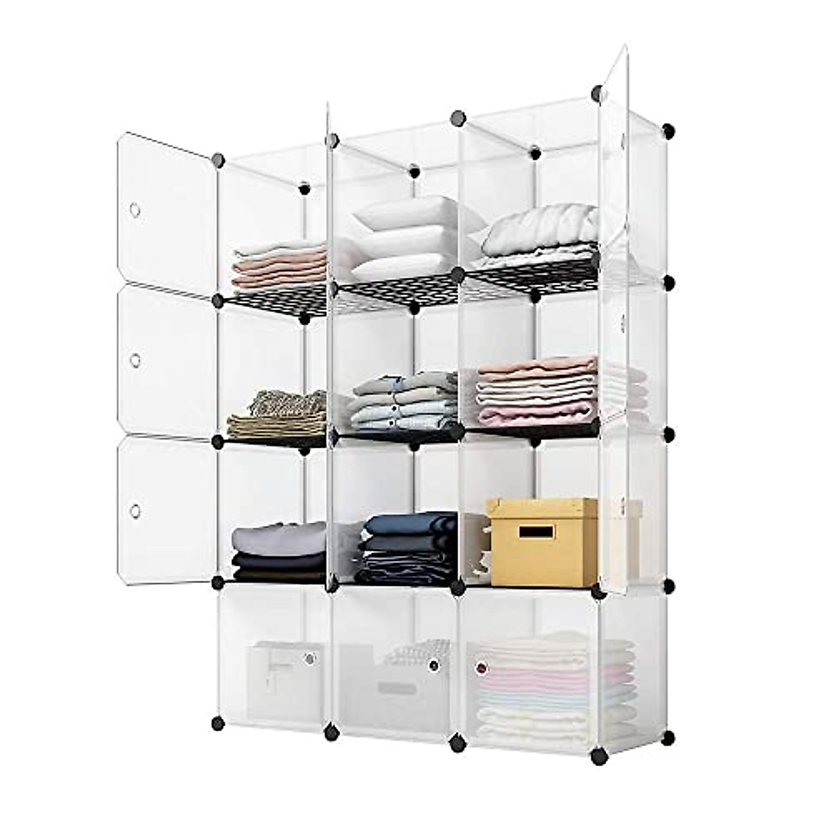 KOUSI Portable Storage Cubes-14 x14 Cube (12 Cube)-More Stable (add Metal Panel) Cube Shelves with Doors, Modular Bookshelf Units，Clothes Storage Shelves，Room Organizer for Cubby Cube
