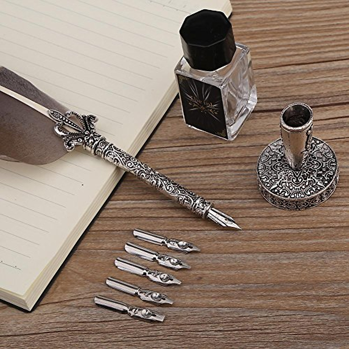 Hztyyier Birthdays GiftsRetro Quill Feather Pen Set Calligraphy Writing Quill Pen for Christmas for Christmas, Birthdays Gifts with 5 Nibs Set in Gift Box(Black) Office Supplies