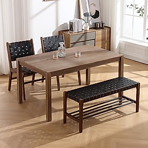 Janoray Solid Wood Bench, Modern 45" Long Dining Bench with Faux Leather Woven Strips & Metal Shelf Comfy Seat for Entryway/Dning Room/Bedroom, Black