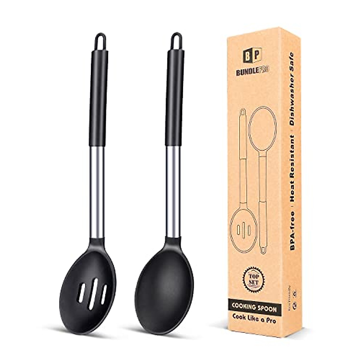 Pack of 2 Large Silicone Cooking Spoons,Non Stick Solid Basting Spoon,Heat-Resistant Kitchen Utensils for Mixing,Serving,Draining,Stirring (BLACK)