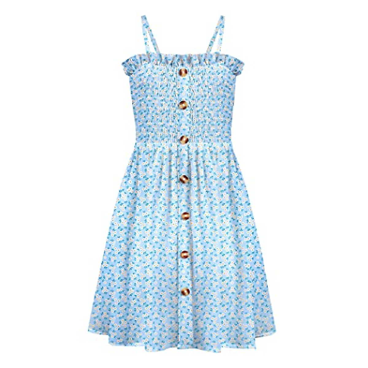 Arshiner Girls Summer Dresses Casual Floral Button Swing Midi Dress Light Blue Floral Litter Girls