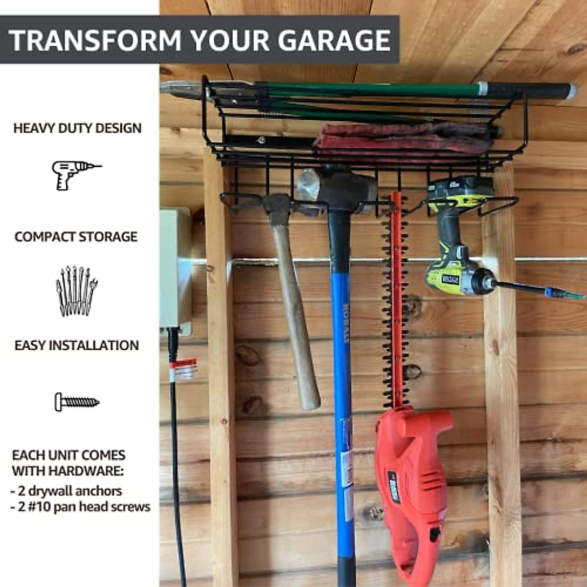 c2M Heavy Duty Floating Tool Shelf & Organizer | Wall Mounted Garage Storage Rack for Handheld & Power Tools | USA Made, 100# Weight Limit, Compact Steel Design | Perfect for Father's Day | Black