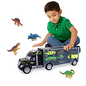 SUPREX 16 Inch Dinosaur Transport Truck Carrier Toy 14 Piece, 9 Educational Realistic Dinosaur Figures, 3 Matchbox Cars, 1 Helicopter, Dinosaur Toy for Boys, Gift for Kids Children Girls Ages 3+
