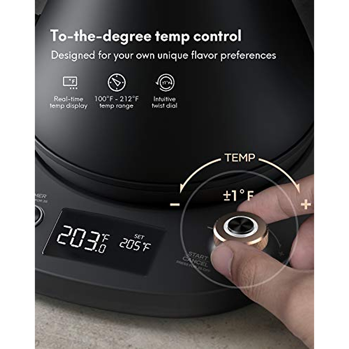 Gooseneck Kettle Temperature Control, Pour Over Electric Kettle for Coffee and Tea, 100% Stainless Steel Inner, 1200W Rapid Heating, 0.8L, Built-in Stopwatch, Matte Black