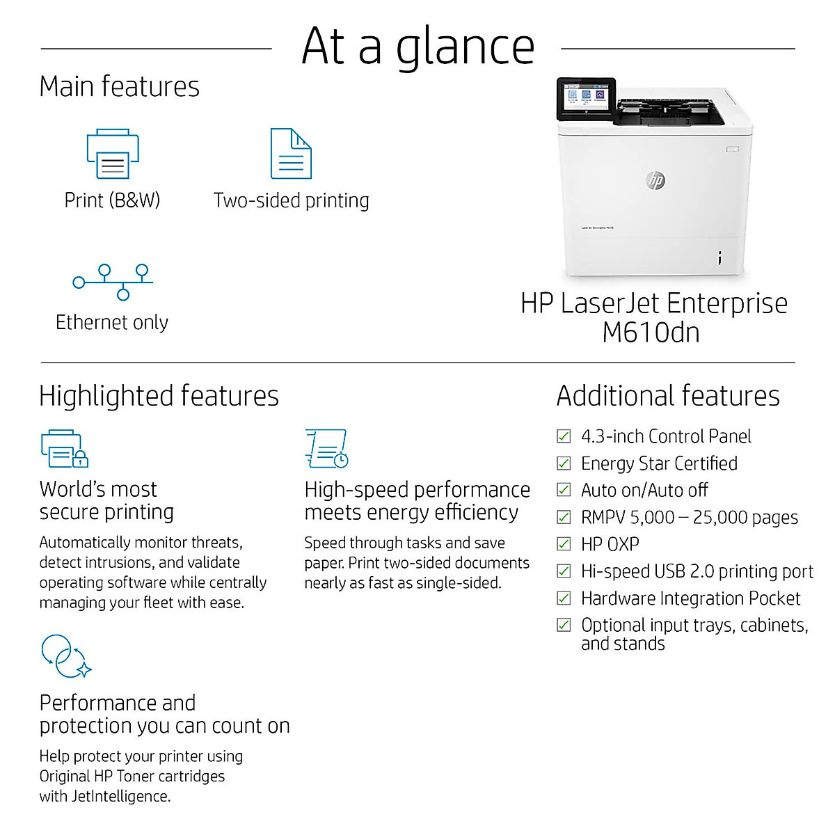 HP Laserjet Enterprise M610dn Single-Function Wired Monochrome Laser Printer, White - Print only - 4.3" Touchscreen, 55 ppm, 1200 x 1200 dpi, Auto Duplex Printing, Ethernet - Cbmou External Webcam