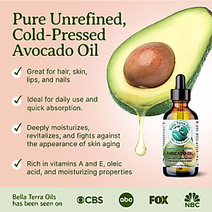 Bella Terra Oils - Avocado Oil 16 oz - Harness The Nutrient Power of Pure Avocado, High in Antioxidants & Omega-3, Luxurious Carrier Oil Experience