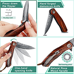 Benkey VG10 Damascus Pocket Knife with Clip Leather Sheath and Wood Folding Hunting Knife Bundles