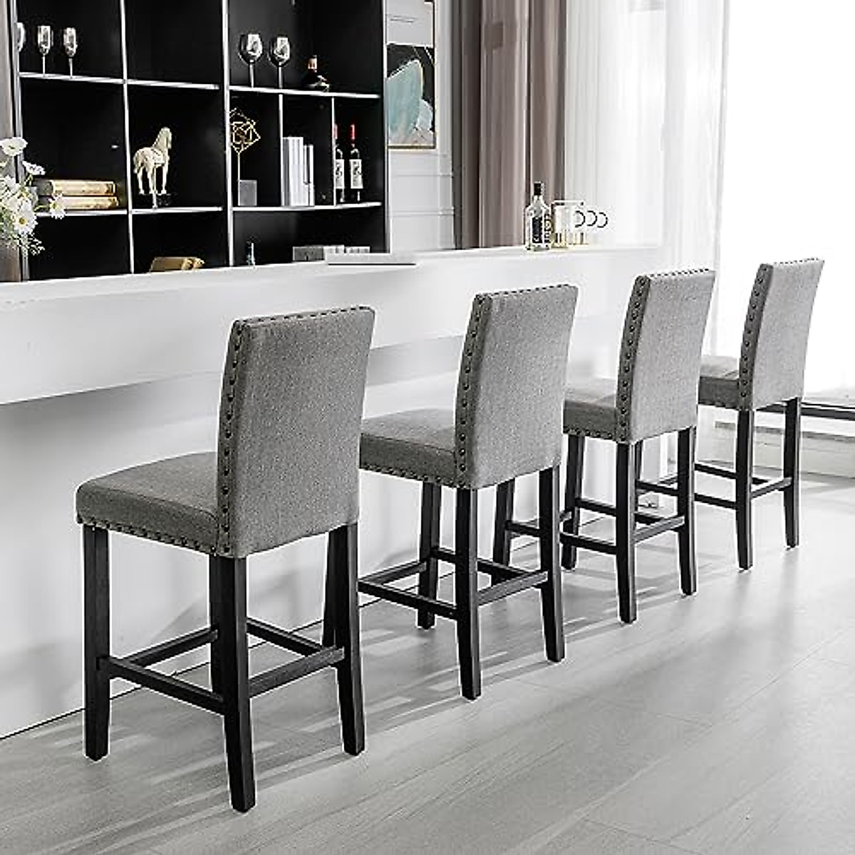 DAGONHIL 24 inch Bar Stools Set of 4, Counter Height Bar Stools with Backs, Nail Head Barstools with Wood Legs, Upholstered Kitchen Island Chairs, Gray