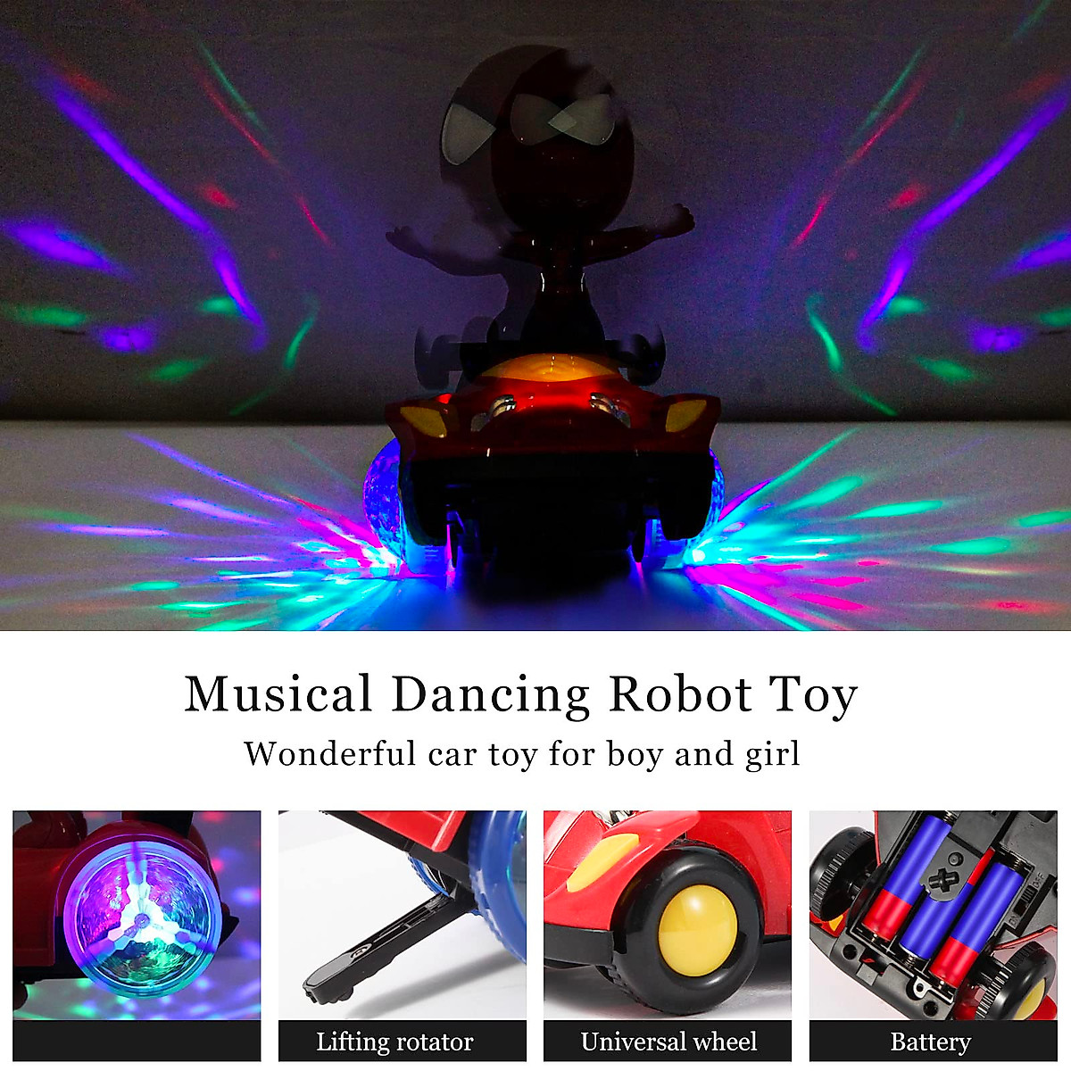 Intelligent Walking Singing Dancing Toy Car 360 Degree Rotation Superhero Robot Fun LED Flash with Music 2 3 4 5 6 7 8 Year Old Toddler Boys Girls Interactive Educational Gift with Birthday Gift