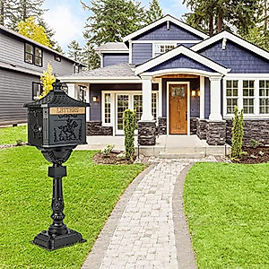 Giantex Cast Aluminum Mailbox with Post - Locking Residential Mailboxes for Outside with Keys, Baffle Door, Expansion Bolts, Address Panel, In-Ground Rust-Proof Large Security Postal Mailbox (Black)