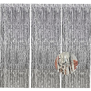 3 Pack Silvery Foil Fringe Backdrop Curtains，3.3 ft x 8.2 ft Silvery Door Streamers ，Silvery Gold foil Fringe Curtain Backdrop,for Photo Background Party Decorations, Graduation Decorations
