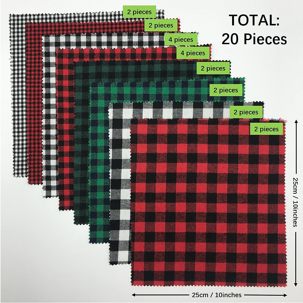 20 Pieces Christmas Gingham Fabric, Xmas Cotton Buffalo Plaids Color Red/Black White/Black Green/Black Squares for Sewing Quilting DIY Homemade Crafts 10 x 10 inches
