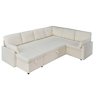 VanAcc Sleeper Sofa, 112 Inch Pull Out Sofa Bed with Storage Chaise & 3 Seater, Oversized U Shape Sectional Couch with Pull Out Bed, White Boucle Couch