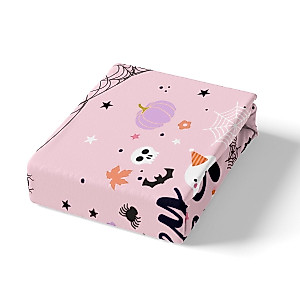 Manfei Pink Ghosts Sheet Set Full Size, Halloween Theme Bedding Set for Kids Girls Teens, Gothic Skull Spider Bat Pumpkin Bed Sheet Set 4pcs with Deep Pocket Fitted Sheet + Flat Sheet + 2 Pillowcases