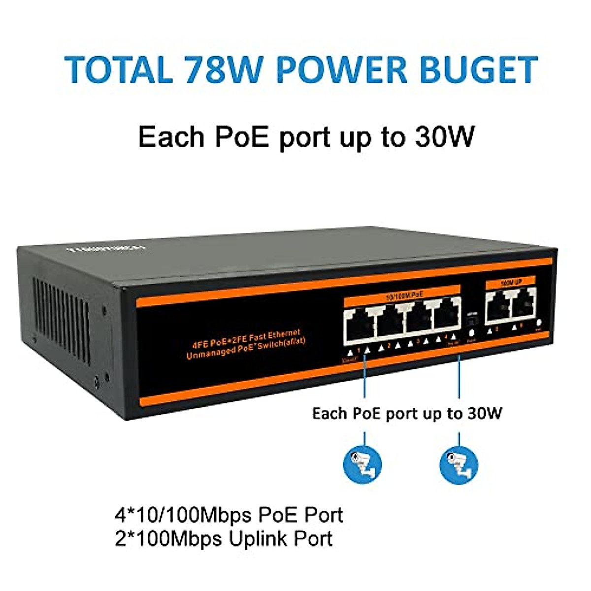 6 Port PoE Switch (4 * 100Mbps PoE Port+2 * 100Mbps Uplink Port),78W,802.3af/at,VLAN,Metal Fanless,Unmanaged Plug and Play