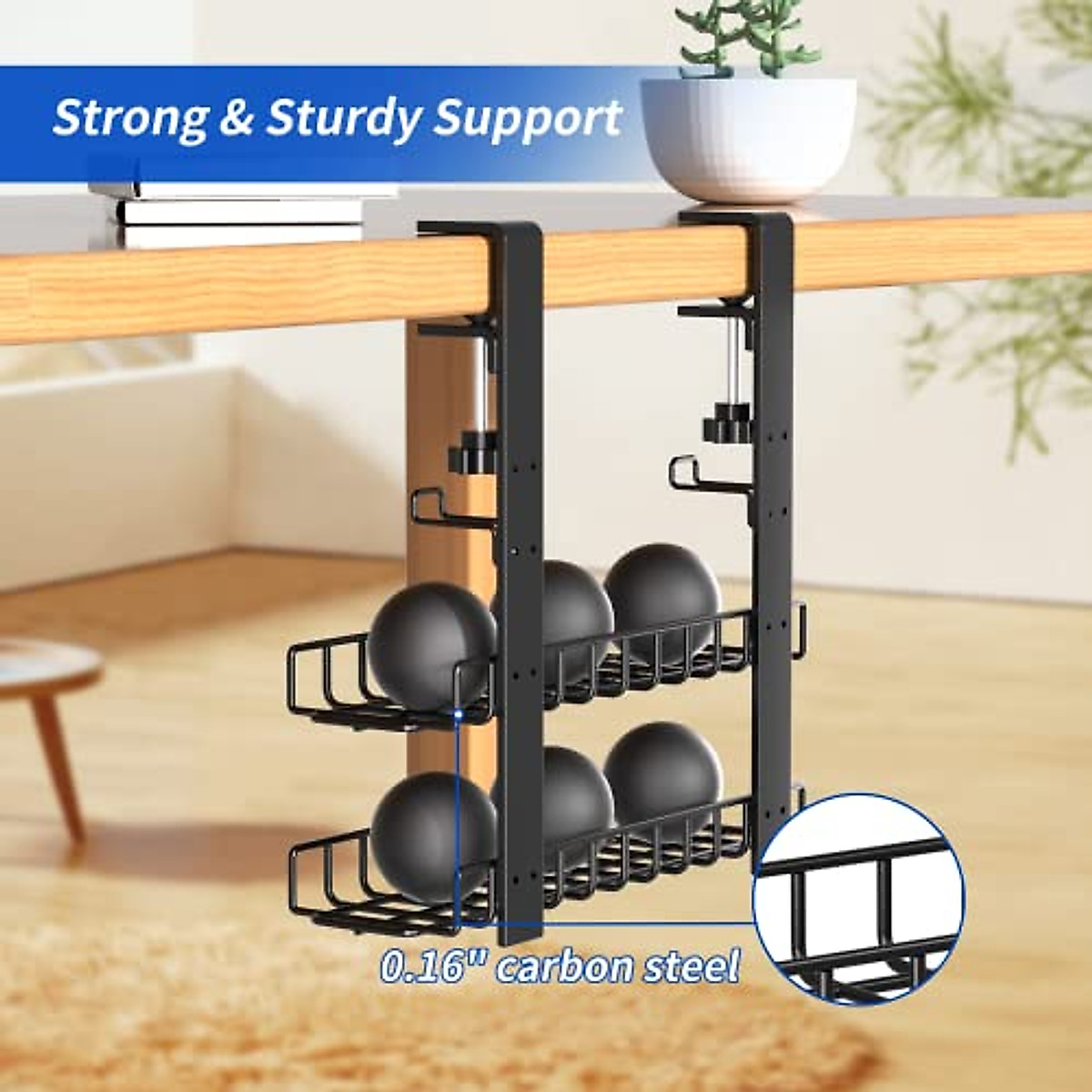 Under Desk Cable Management Tray, High Capacity Cord Organizer Rack for Desk, 2 Tier Desk Wire Management with Clamp Mount System, No Drill Cable Basket fits 0.4" to 2.4" Thickness Flat Side Desk