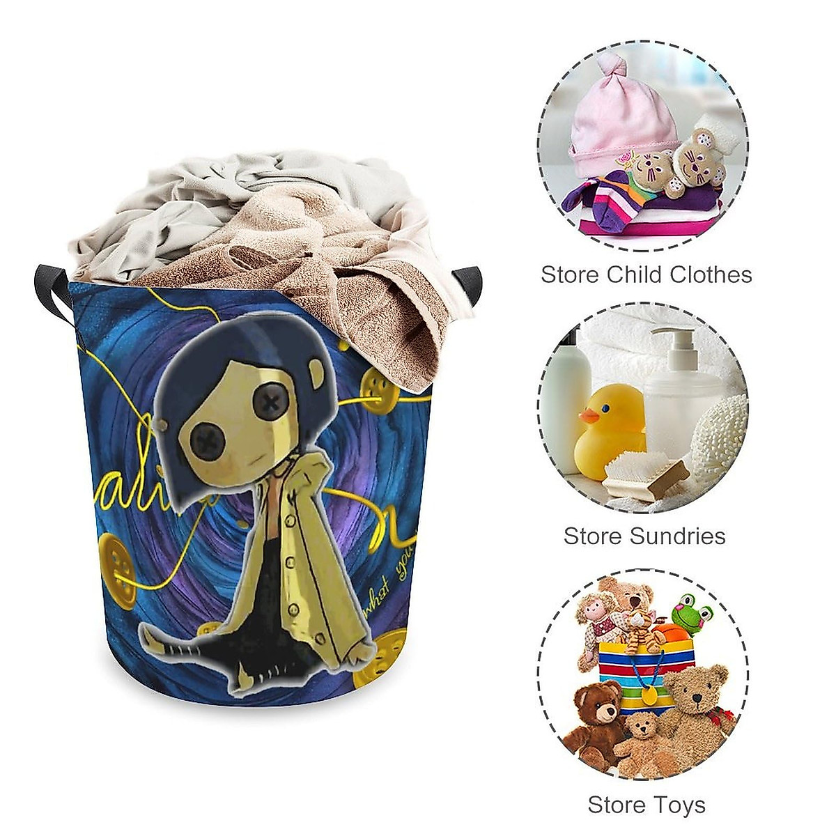 Co.ra.line Circular Hamper with Handle Storage Basket Circular Storage Bin Organizer Round Basket