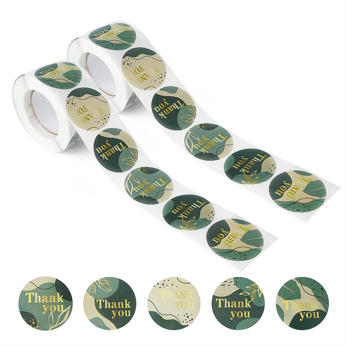 2Rolls-1000PCS 1.5" Green Series Thank You Stickers | 6 Different Design Thank You Designs for Business Packaging, Thank You Labels for Gifts Bags, Boxes and Envelope Sealing