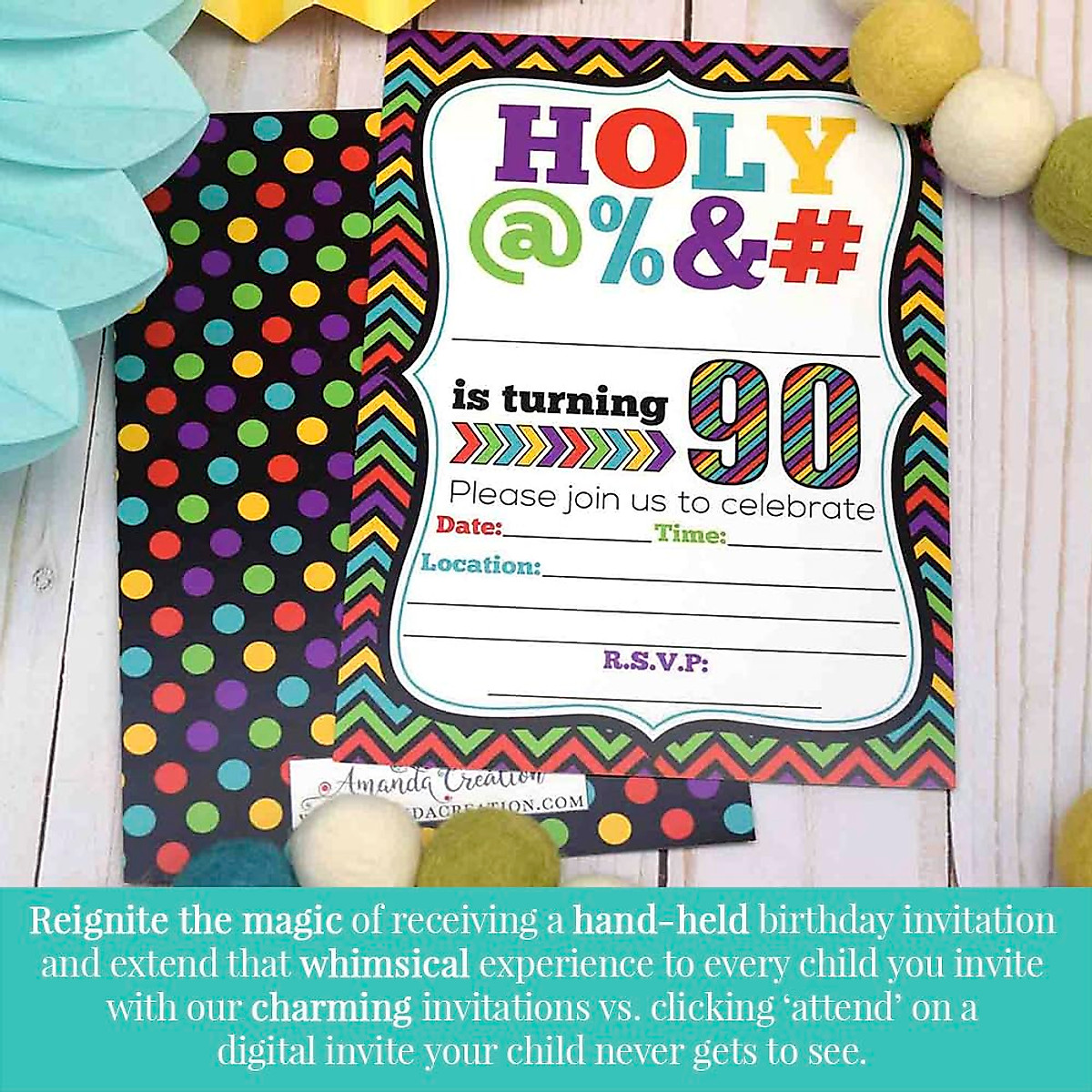 HOLY @% 90th Birthday Party Invitations, 20 Funny 5x7 Fill In Cards with Twenty White Envelopes for Milestone Birthdays by AmandaCreation