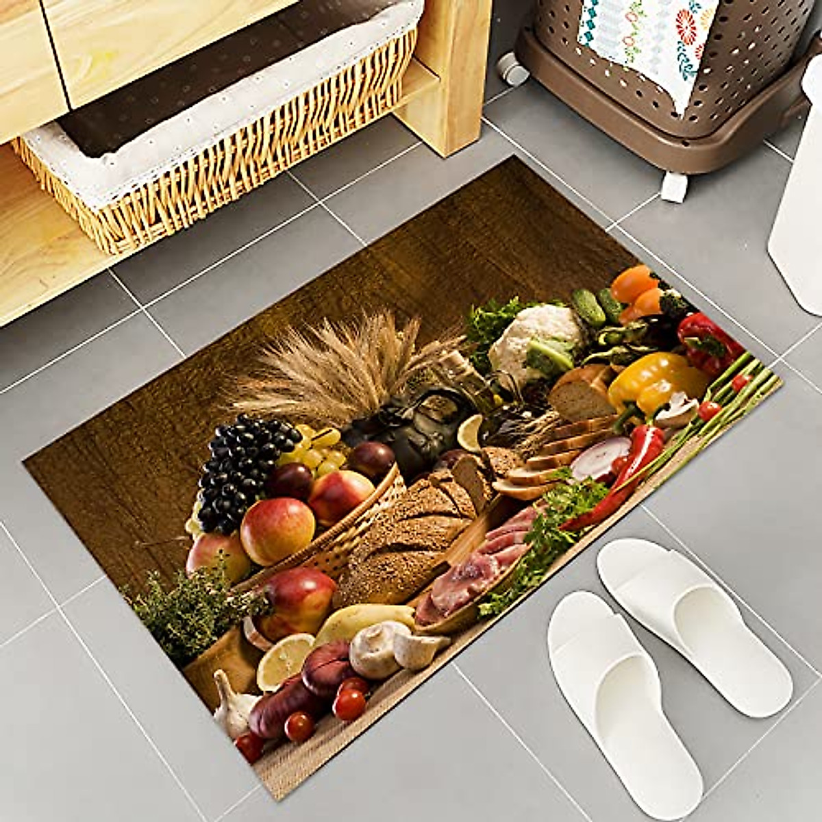 Kitchen Rug Sets 2 Piece Food Fresh Fruit Grape Bread Wheat Non Slip Anti Fatigue Floor Mats Good Harvest Brown Comfort Soft Absorb Cushioned Standing Doormat Runner Rugs (15.7x23.6+15.7x47.2 inch)