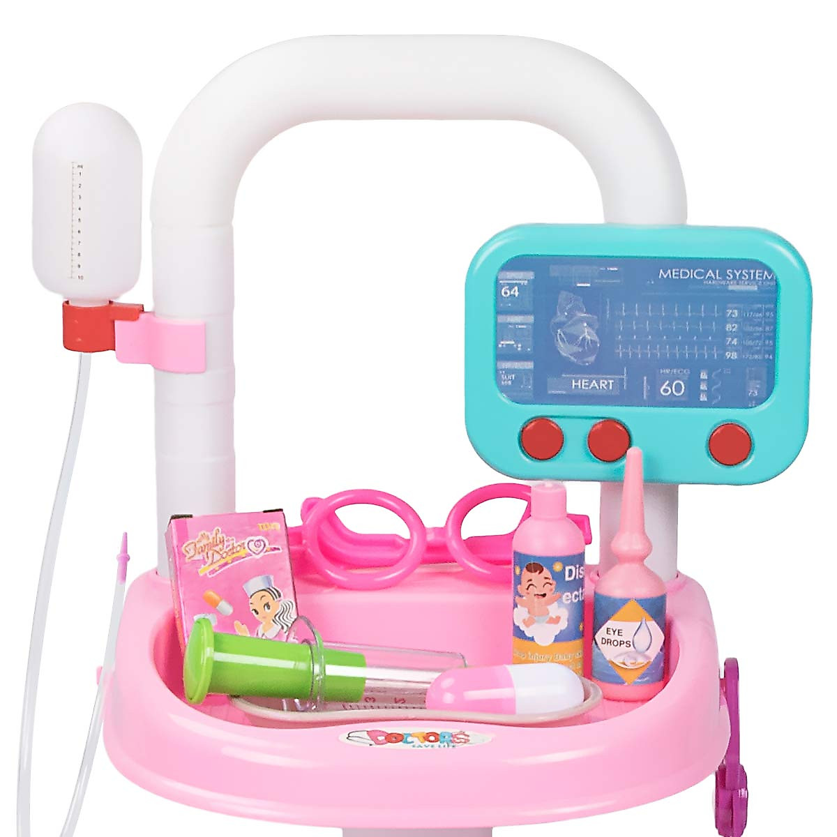 UNIH Doctor Cart Kit for Kids 3 4 5, Medical Play Set Realistic with Lights Toddlers Toys for Boys Girls 2-4 (Pink)