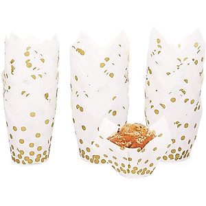 150 Pack Gold Polka Dot Muffin and Tulip Cupcake Liners for Baking and Decor (White, 3.35 x 3.5 Inches)