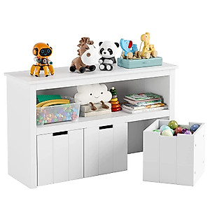 FOTOSOK Toy Storage Cabinet with 3 Movable Drawers, Floor Storage Organizer with Hidden Wheel & Large Open Bookhelf, Organizer Chest for Playroom, White