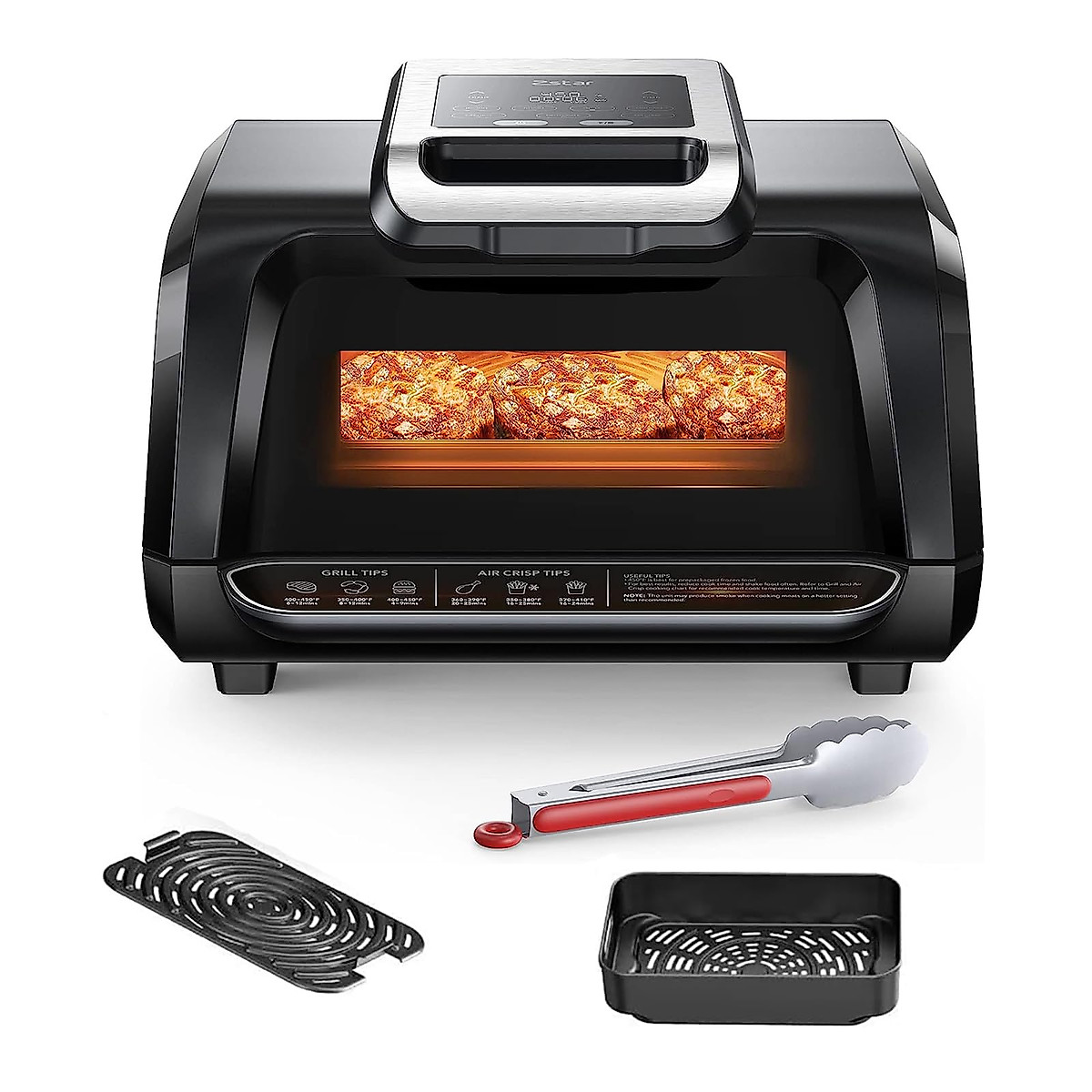 Indoor Grill Air Fryer Combo Smokeless, Fast Heating, and 7-in-1 Functionality with See-Through Window, Non-Stick Removable Plates,Electric Grill up to 450°F Even Heat, Silicon Tongs, 4Qt, 1750W