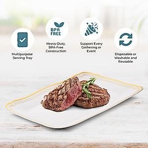 Posh Setting Plastic Serving Tray White Plastic Tray with Gold Rim Border, Disposable Serving Trays Heavyweight Serving platters and Trays 9"x13" Appetizer Tray [6 Pack]