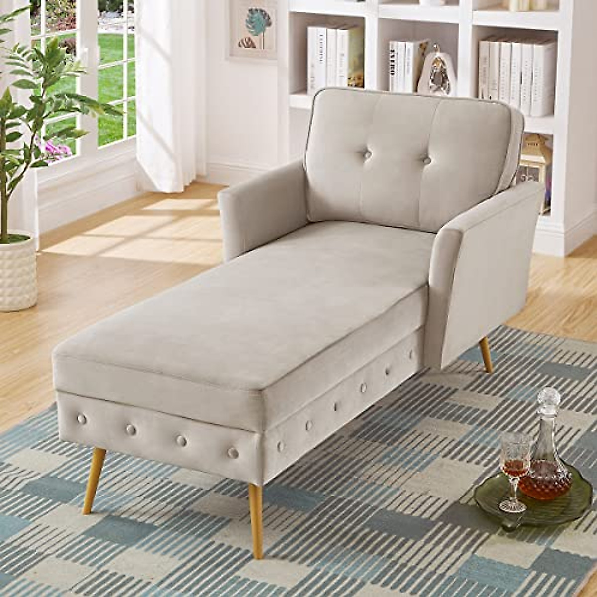 24KF Taupe Velvet Upholstered Tufted Chaise Lounge Chair, Chaise Sofa Bed in 57" Bed Bench，Chair Bed, Chaise Lounge for Offices ，Living Room and Bedroom,Living Room Chaise Chairs-Taupe