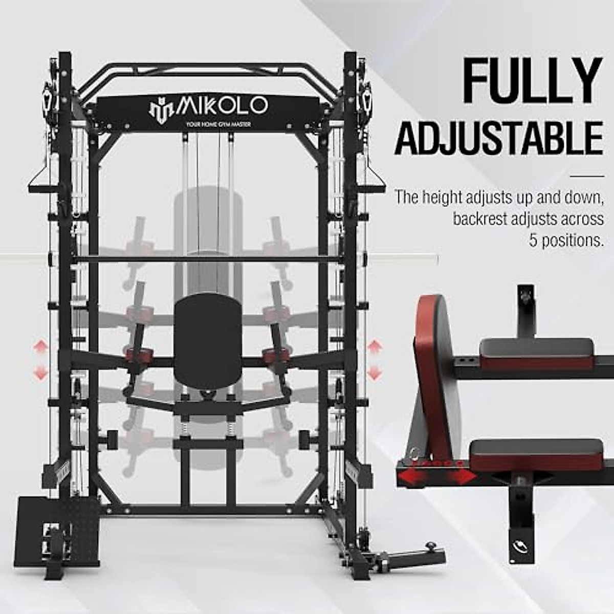 Mikolo Smith Machine with Weight Bench, Multifunction Power Cage and Cable Crossover Machine, Workout Machine with Storage System, Band Pegs, Smith Bar and Other Attachments for Home Gym（Black&Black）