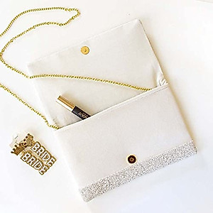 BRIDE Clutch for Wedding Day, Beaded Bride Purse for Bachelorette Party, White Bride Bag With Gold Cursive Design, Bridal Shower & Engagement Gifts for Bride To Be