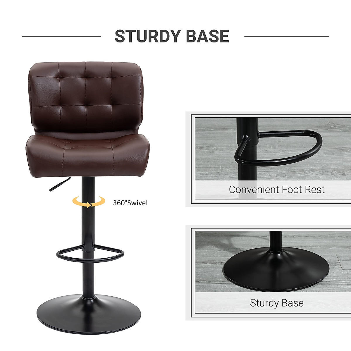 HOMCOM Bar Height Bar Stools Set of 2 with Adjustable Seat, Thick Padded Cushion and Metal Footrest for Home Bar, Brown