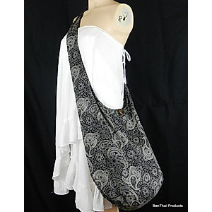 BTP! Thai Cotton Hippie Hobo Sling Crossbody Bag eco Friendly Shopping bag Paisley Print Large (Black PL3)