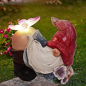 TSTGEE Garden Gnome Statues - Funny Outdoor Gnome Figurine with Butterfly Solar Garden Lights Outdoor Led Gnome Decor Waterproof for Outside,Yard Art,Garden Gift