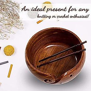 Eunoia Wooden Yarn Bowl Holder | Handmade Knitting Wool Storage Basket with holes for Knitting, Crocheting, Home & Garden Arts, Crafts & Sewing | Free Wood Crochet Hook & Travel Bag - 7" x 4"