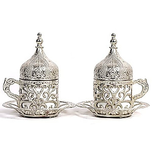 Küchengeräte Turkish Greek Arabic Moroccan Coffee Cup - Set of 2 - Espresso Cup with Inner Porcelain Metal Holder Plate and Lid - 2 Cups Consists of 8 Pcs - Best Gift Idea