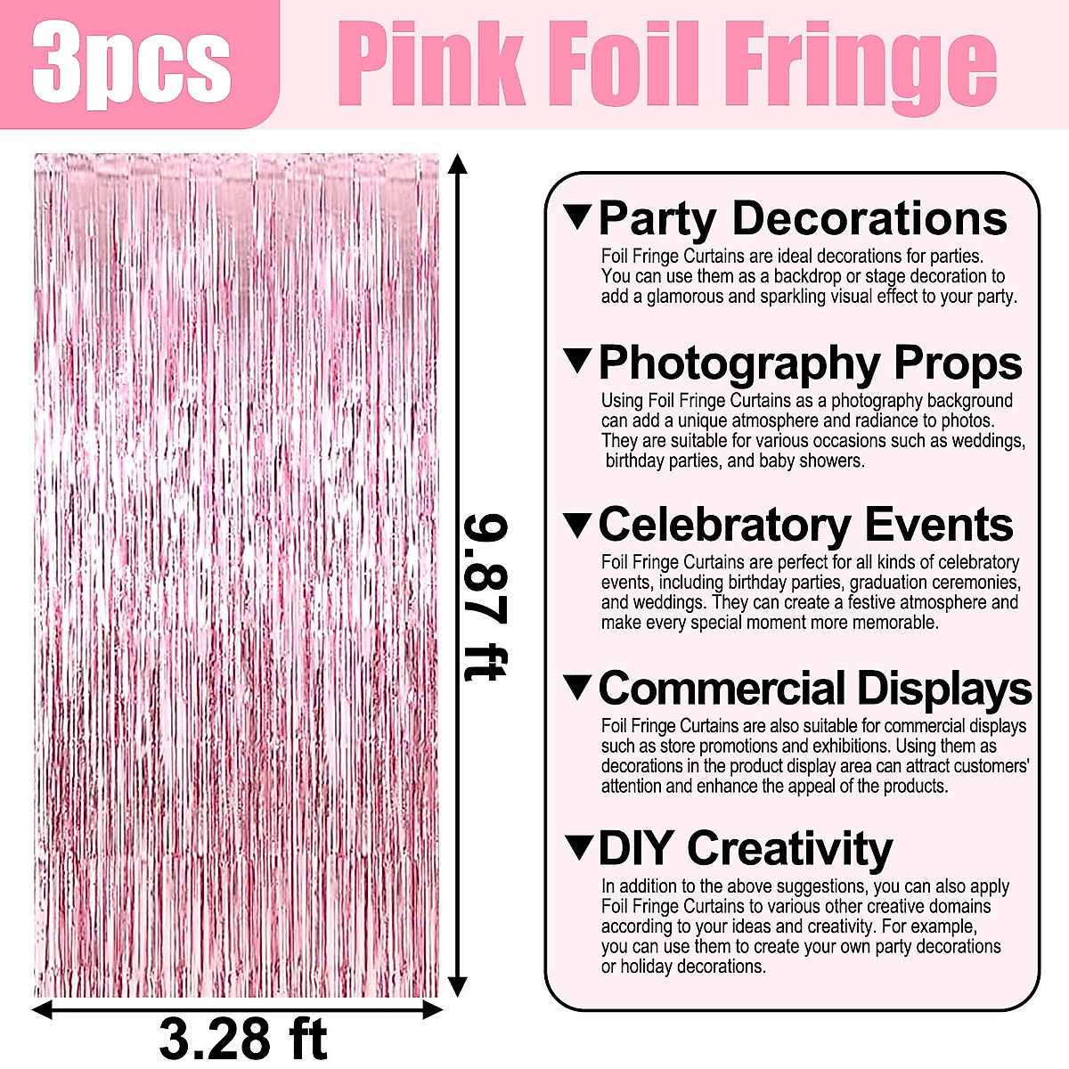 3 Pack Pink Foil Fringe Curtain Backdrop, 3.28Ft x 9.8Ft Metallic Tinsel Foil Fringe Streamer Curtains for Photo Booth, Christmas Day, Thanksgiving, Wedding, New Year Party Decorations